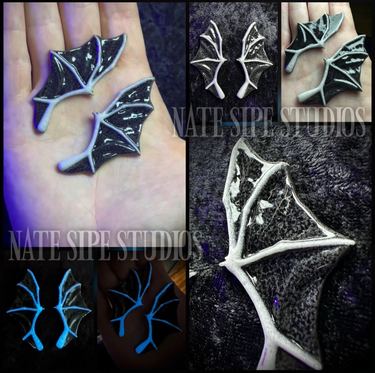 Glow In The Dark Fused Glass Bat Wings Set - 2 Pieces | Nate Sipe Studios